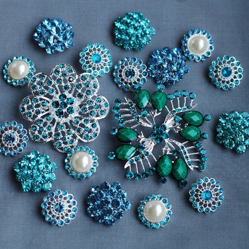 10 Turquoise Blue Rhinestone Button Brooch Pearl Crystal - Etsy