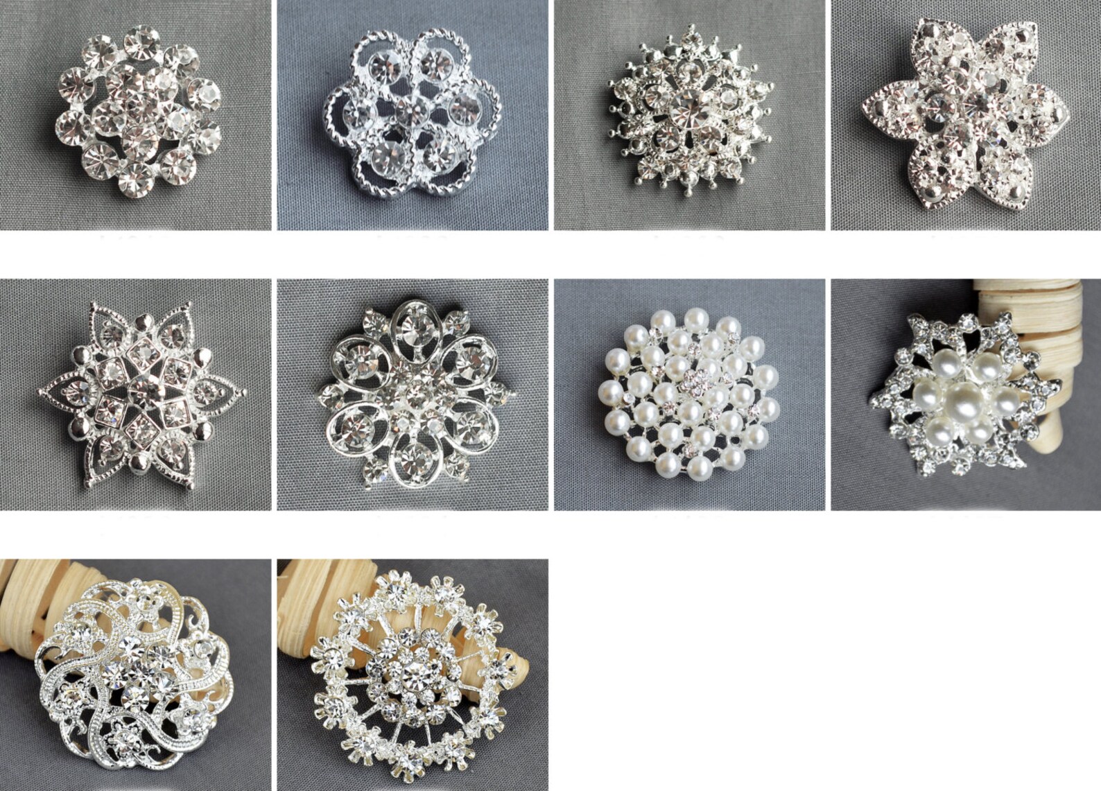 10 Pcs Assorted Rhinestone Button Brooch Embellishment Pearl Crystal ...