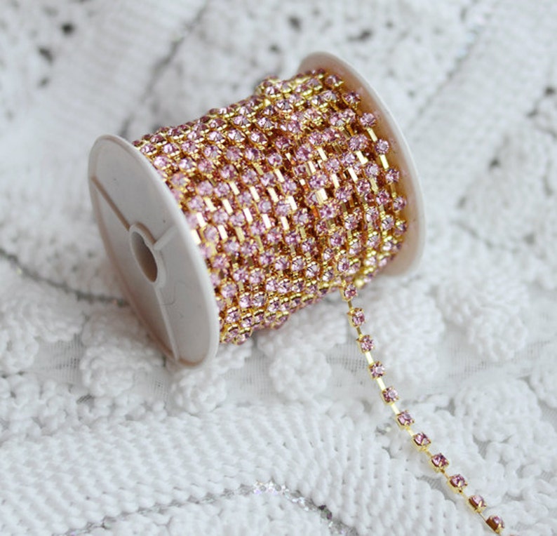 3 Feet Light Rose Pink Australia Rhinestone Chain Crystal Gold | Etsy