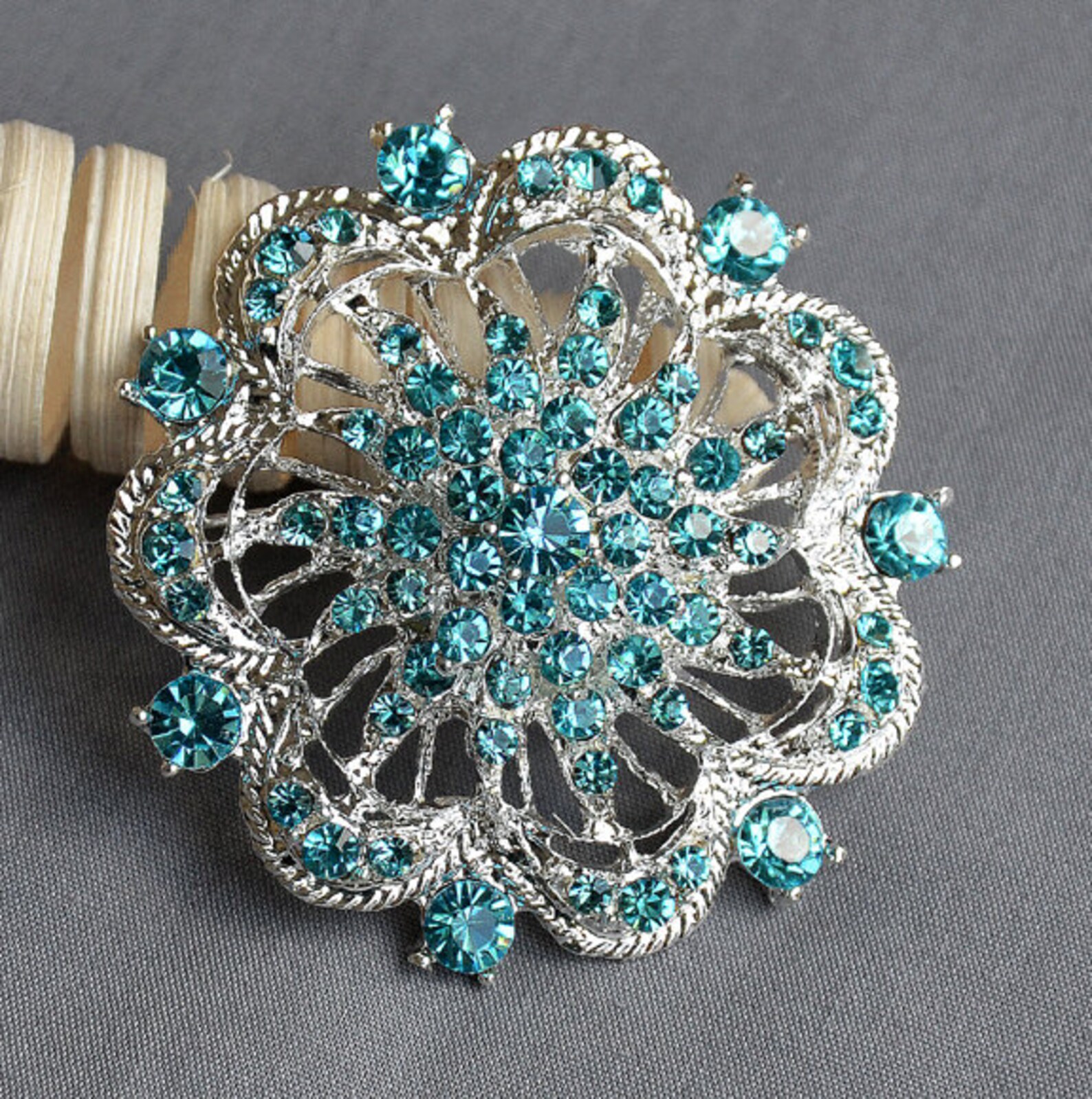 Teal Blue Aqua Blue Rhinestone Brooch Crystal Wedding Bridal | Etsy