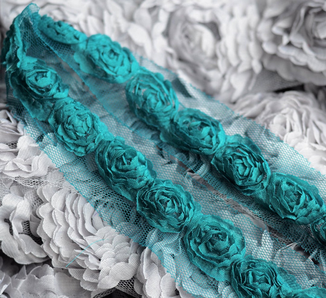 3 Yards Chiffon Rose Lace Trim Appliqué Teal Blue Bridal Wedding Tulle ...
