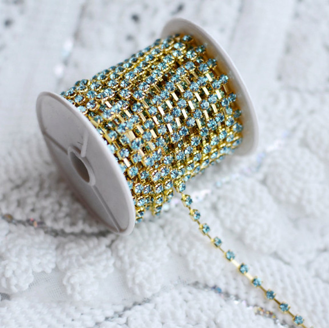 3 Feet Aqua Blue Australia Rhinestone Chain Crystal Gold SS12 3.2mm ...