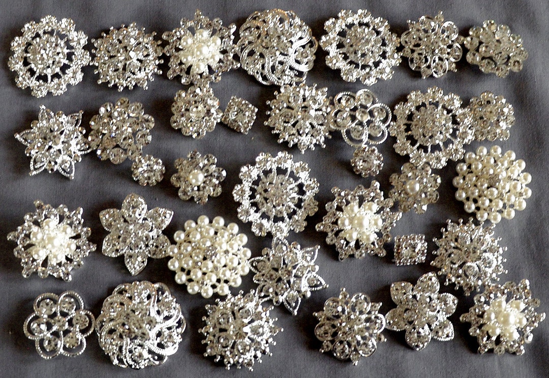 50 Assorted Rhinestone Button Brooch Embellishment Pearl Crystal Button ...