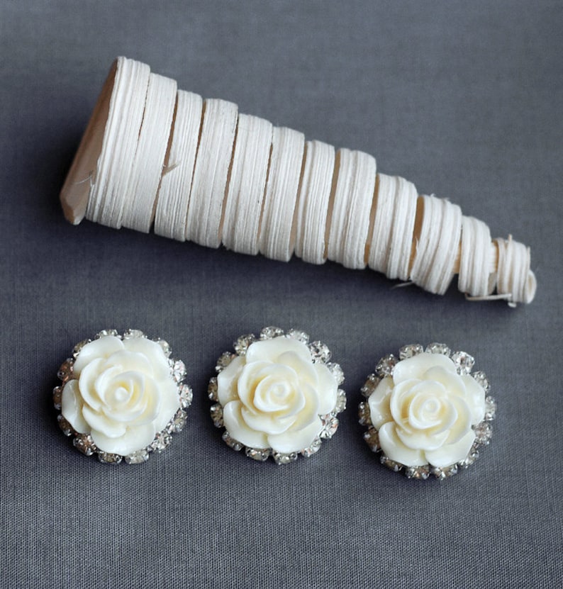 10 Rhinestone Buttons Flat Back Crystal Ivory Cream Resin Rose Flower ...