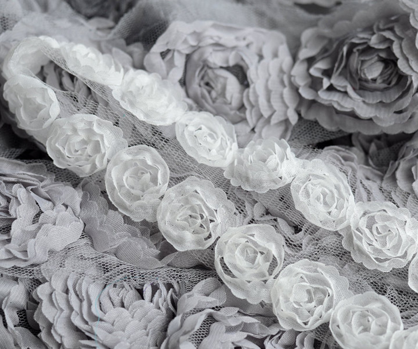 2.5 Yards Chiffon Rose Lace Trim Appliqué White Bridal Wedding Mesh ...