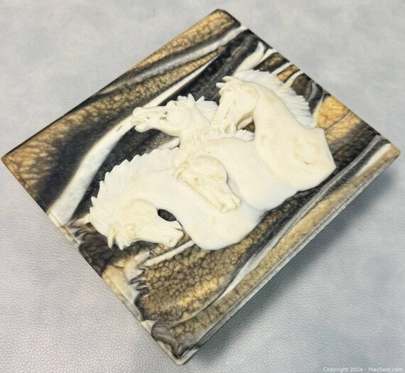 Rare Vintage GENUINE INCOLAY STONE Equestrian Hinged … - Gem