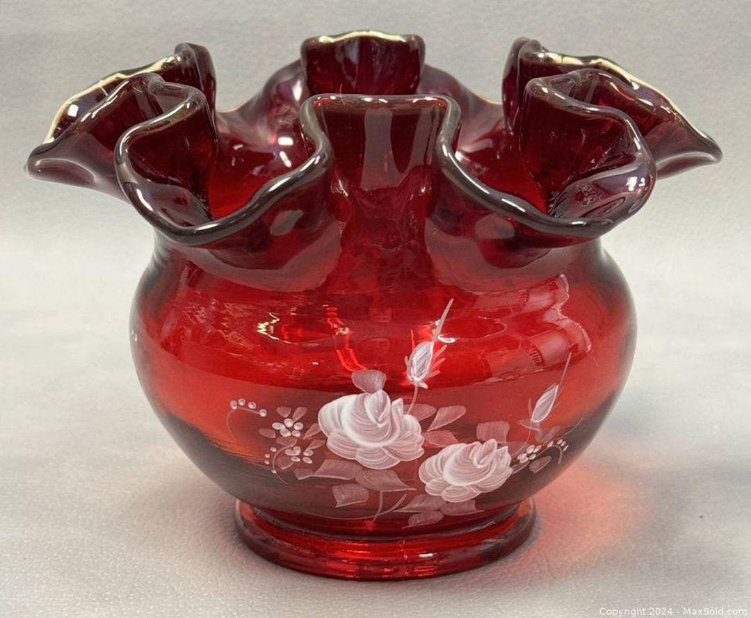 Vintage FENTON Scalloped Ruby Red Glass Bowl Hand Painted by Deby L ...