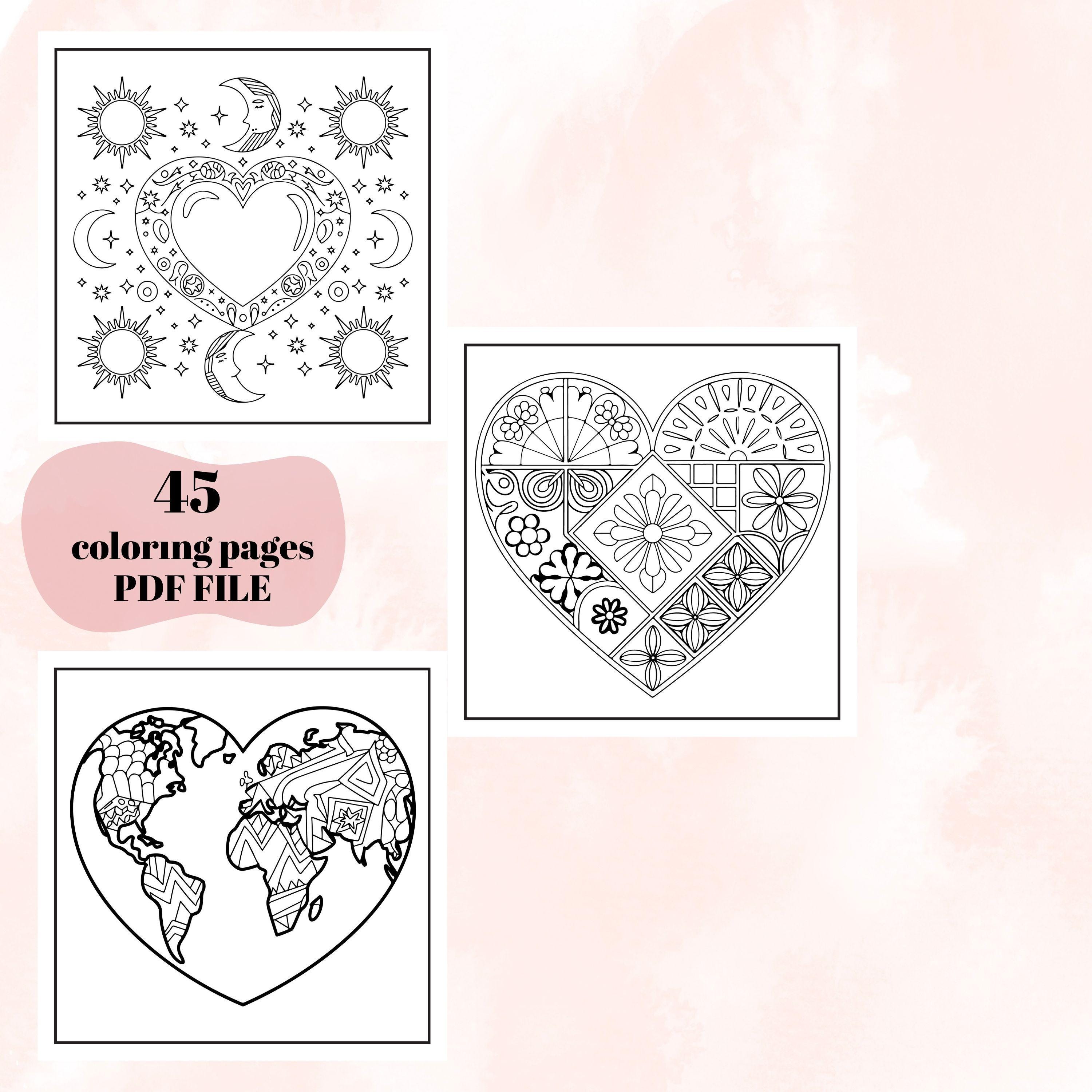 45 Valentine's Day Heart Coloring Pages Bundle, Printable Designs for ...