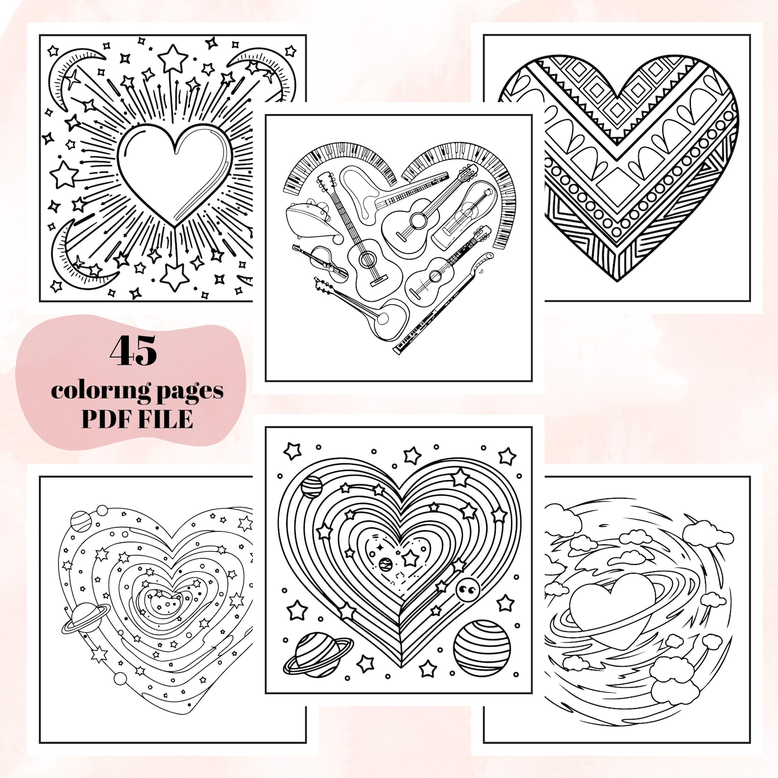 45 Valentine's Day Heart Coloring Pages Bundle, Printable Designs for ...