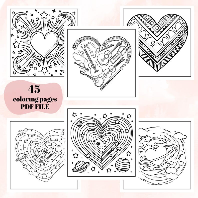 45 Valentine's Day Heart Coloring Pages Bundle, Printable Designs for ...