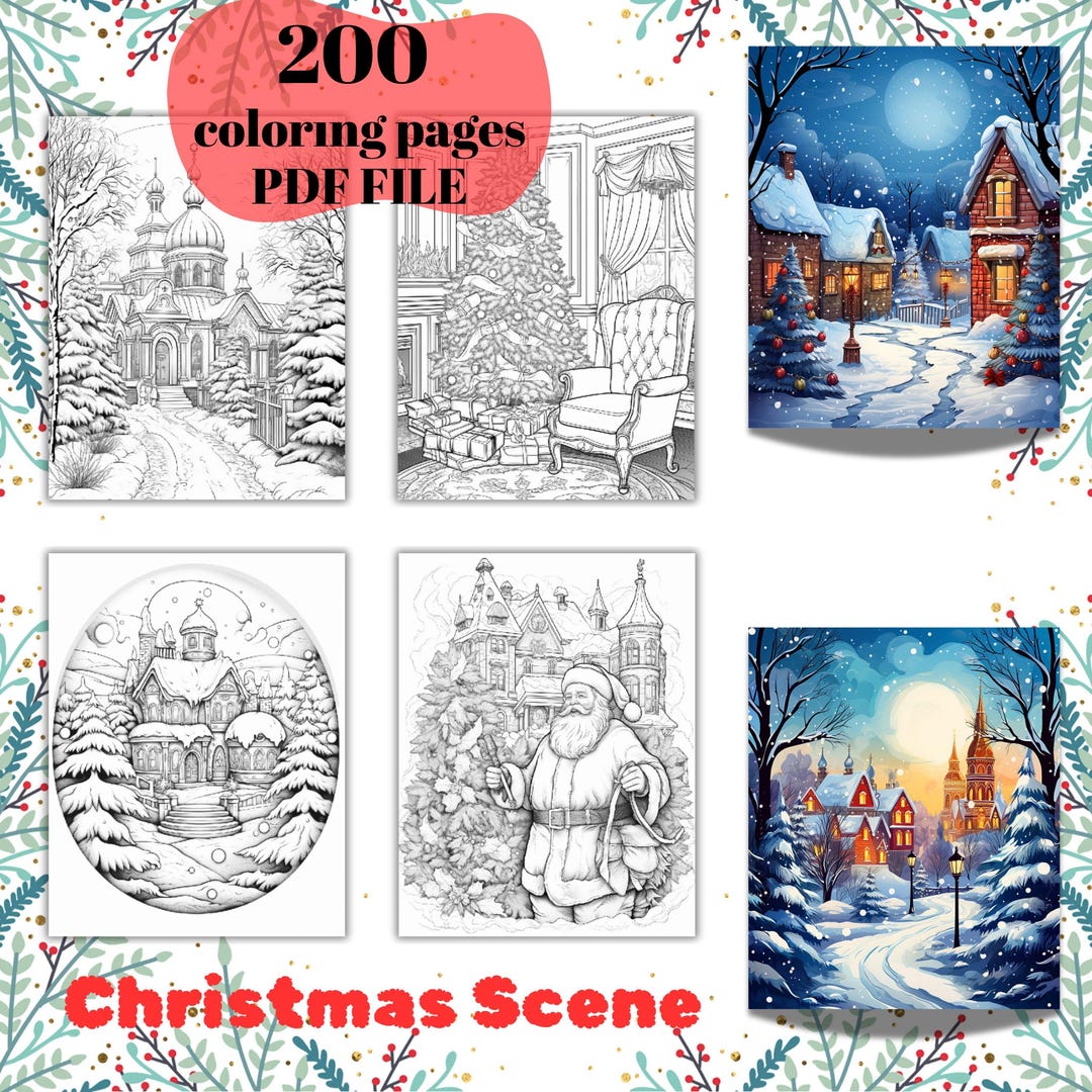 200 Christmas Scene Coloring Pages, Winter Coloring, Stress Relief ...