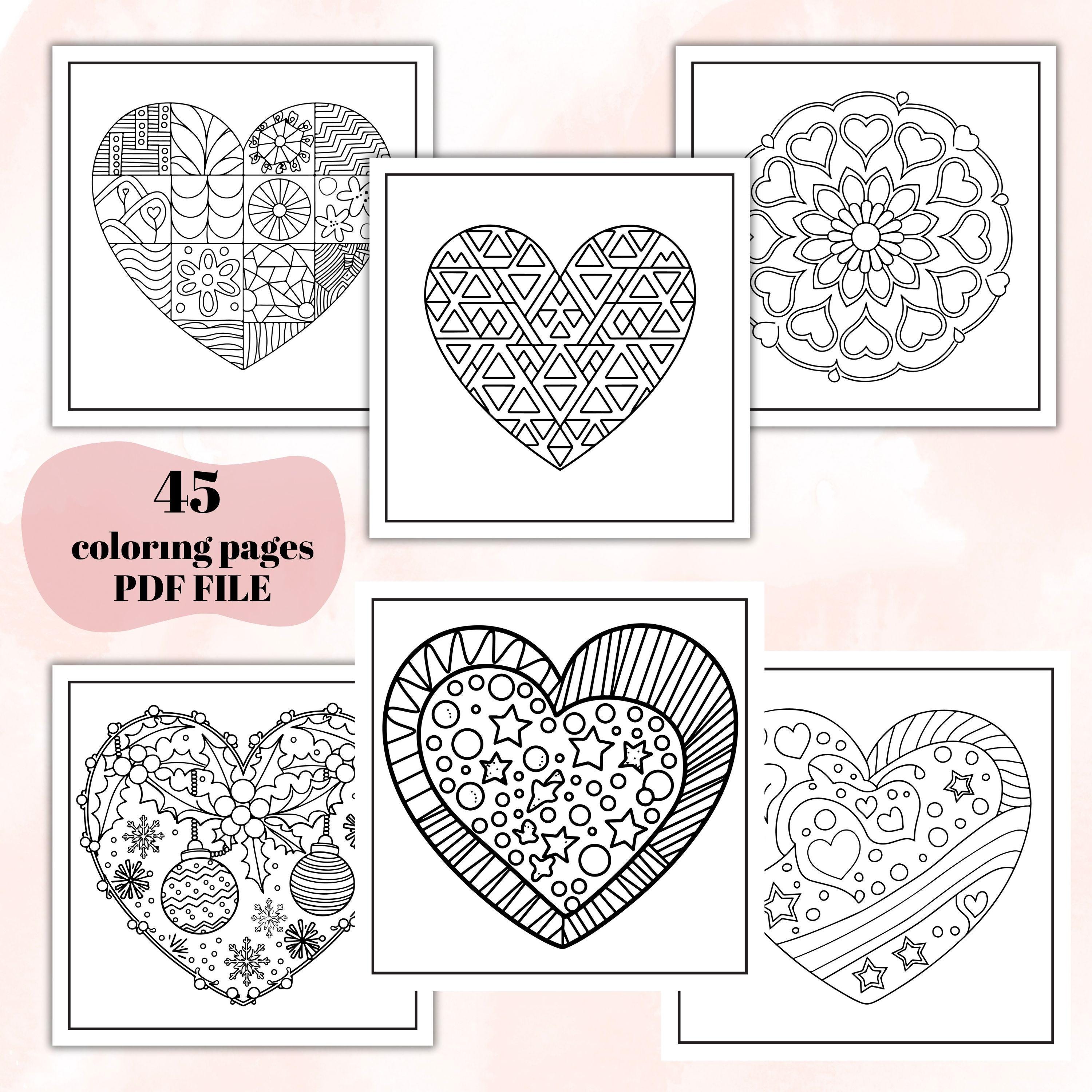 45 Valentine's Day Heart Coloring Pages Bundle, Printable Designs for ...
