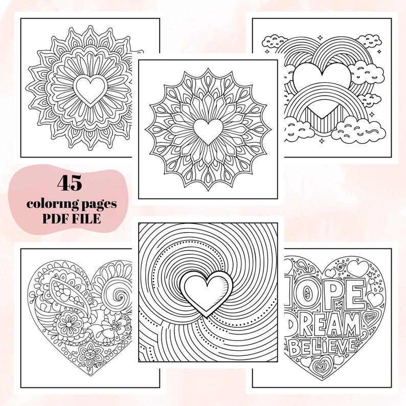 45 Valentine's Day Heart Coloring Pages Bundle, Printable Designs for ...