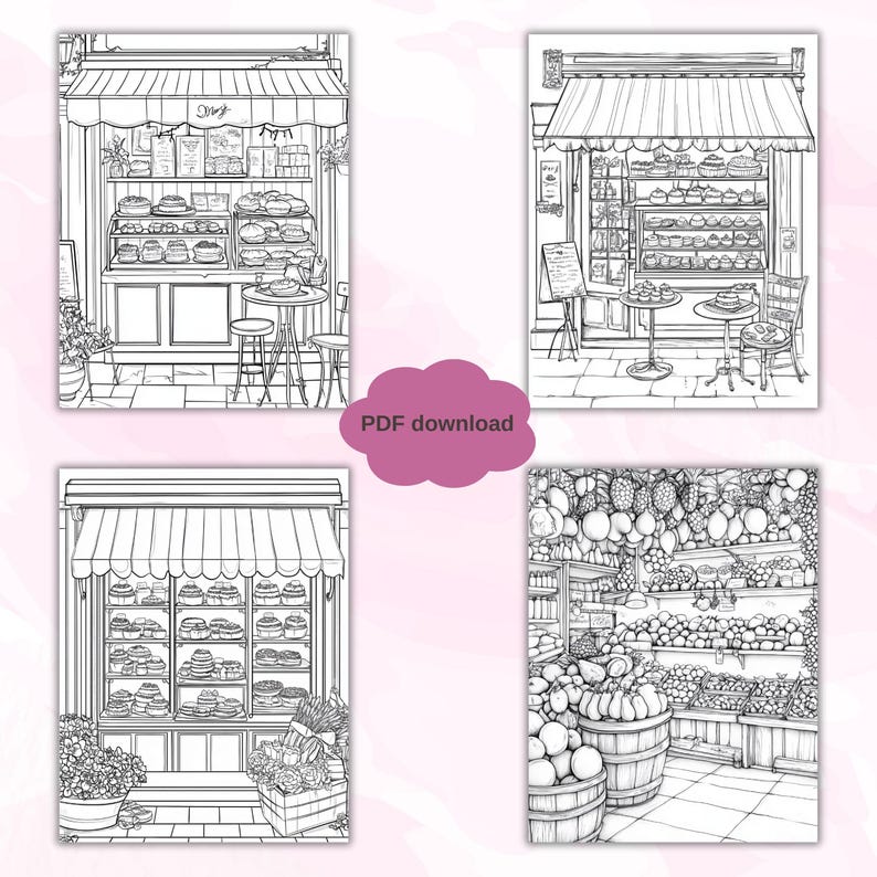 25 Kawaii Town Storefronts Coloring Pages for Adults, Printable ...