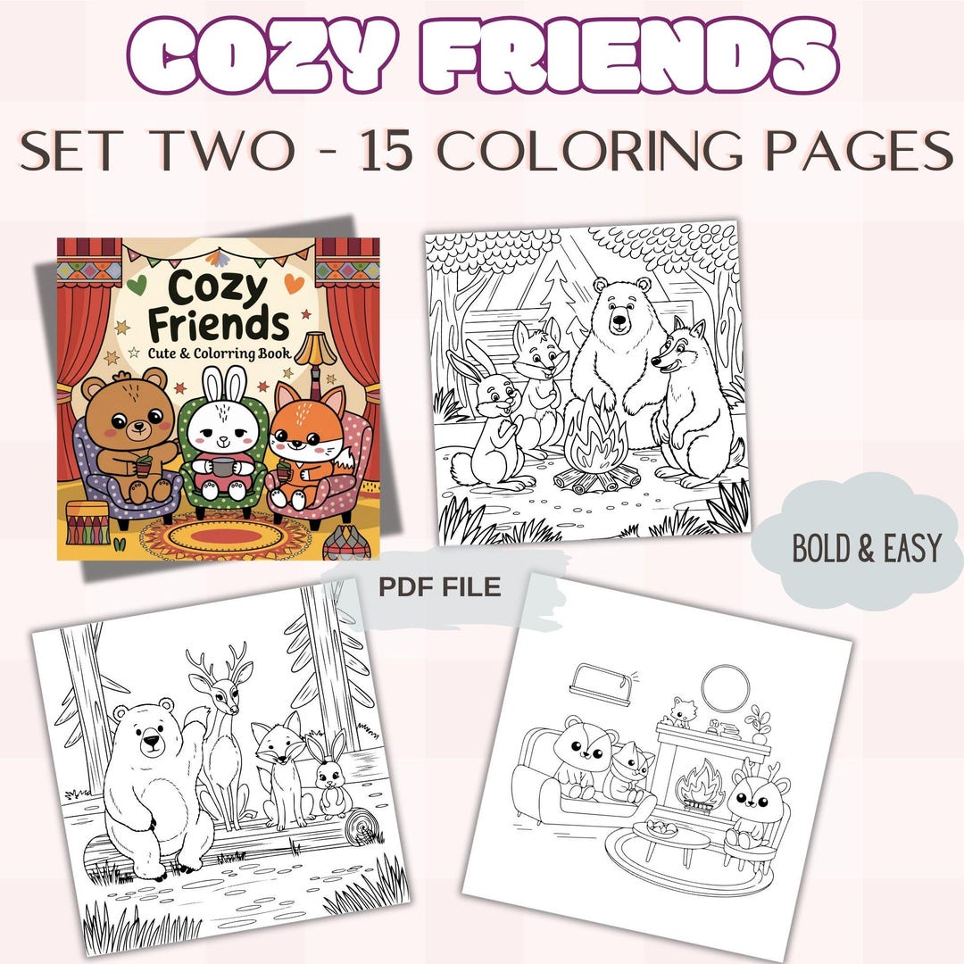 Cozy Friends Coloring Book, Adorable Animals Coloring Pages, Comfy ...