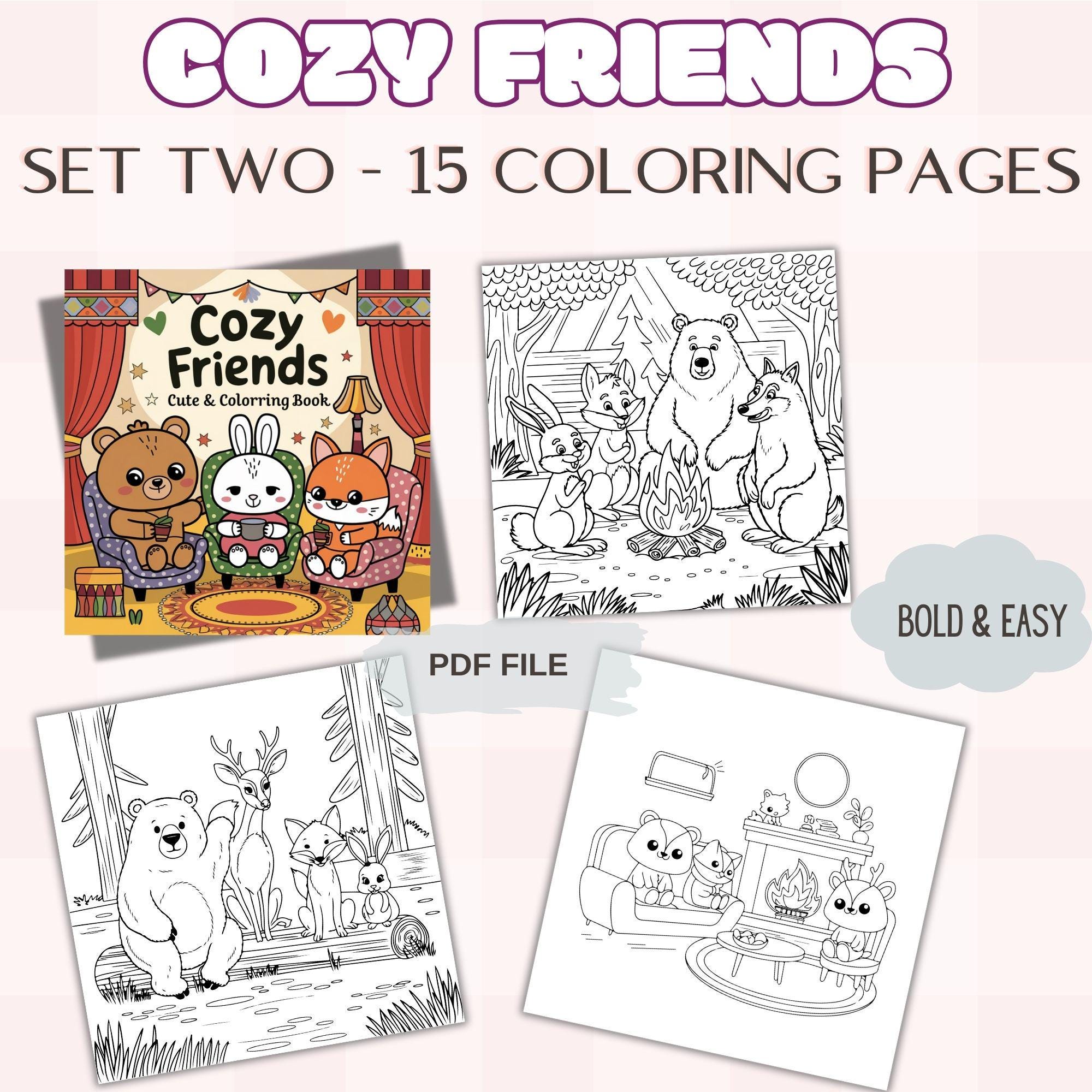 Cozy Friends Coloring Book, Adorable Animals Coloring Pages, Comfy ...