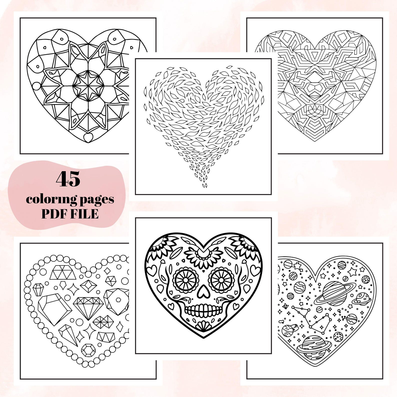 45 Valentine's Day Heart Coloring Pages Bundle, Printable Designs for ...