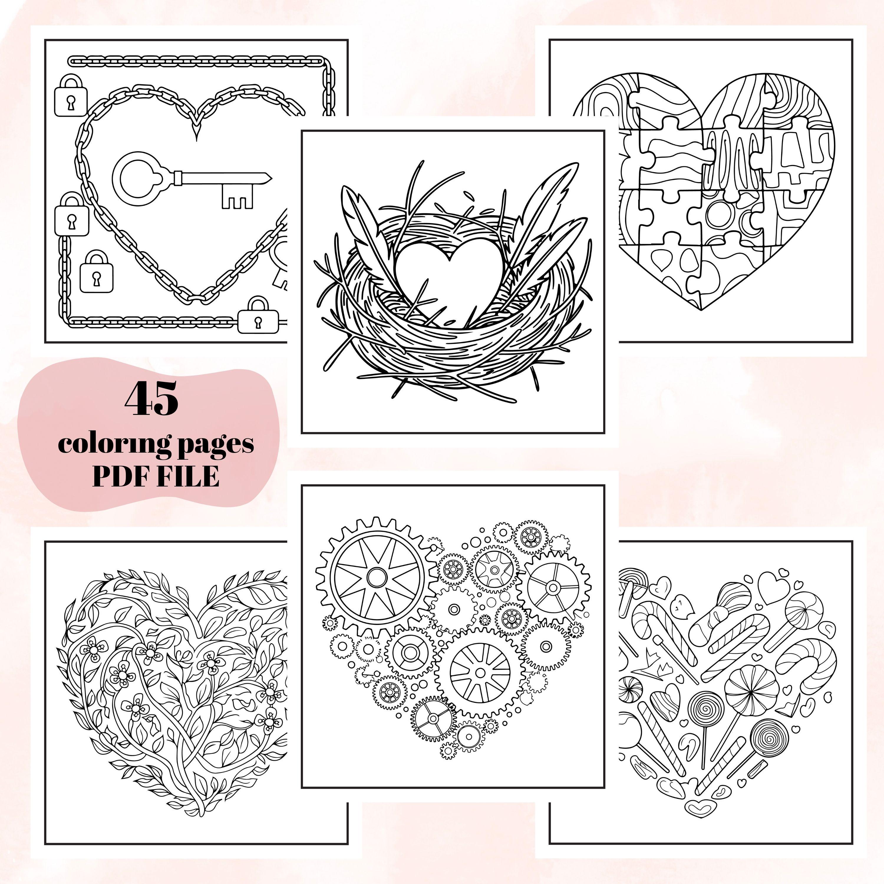 45 Valentine's Day Heart Coloring Pages Bundle, Printable Designs for ...