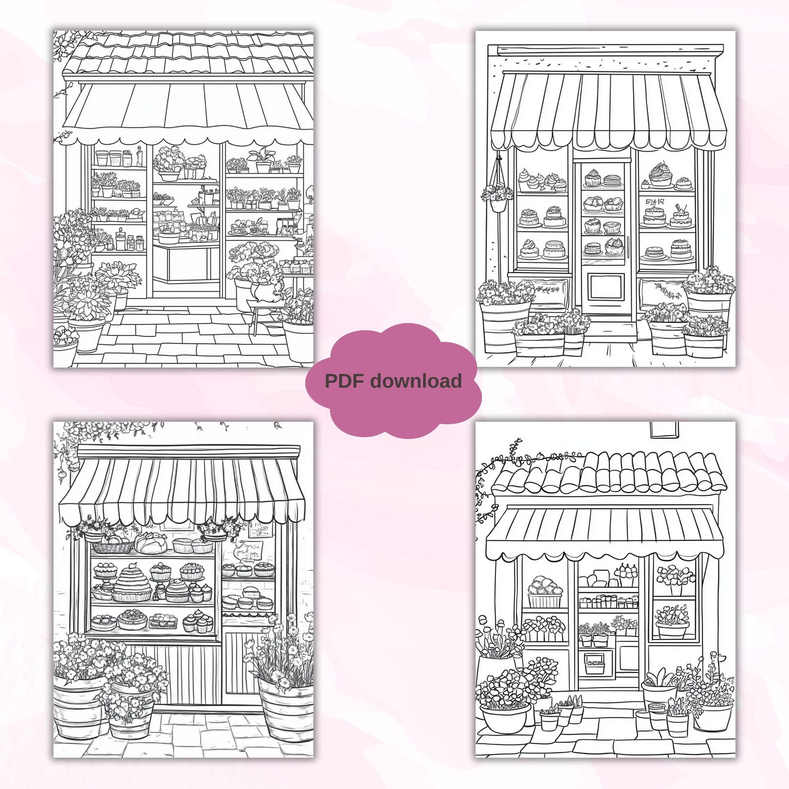 25 Kawaii Town Storefronts Coloring Pages for Adults, Printable ...