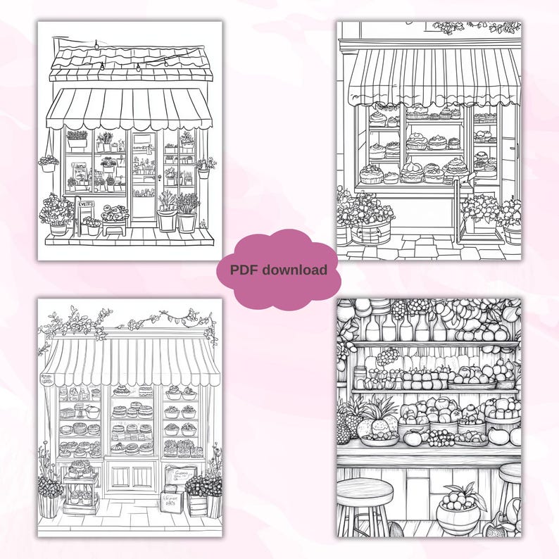 25 Kawaii Town Storefronts Coloring Pages for Adults, Printable ...