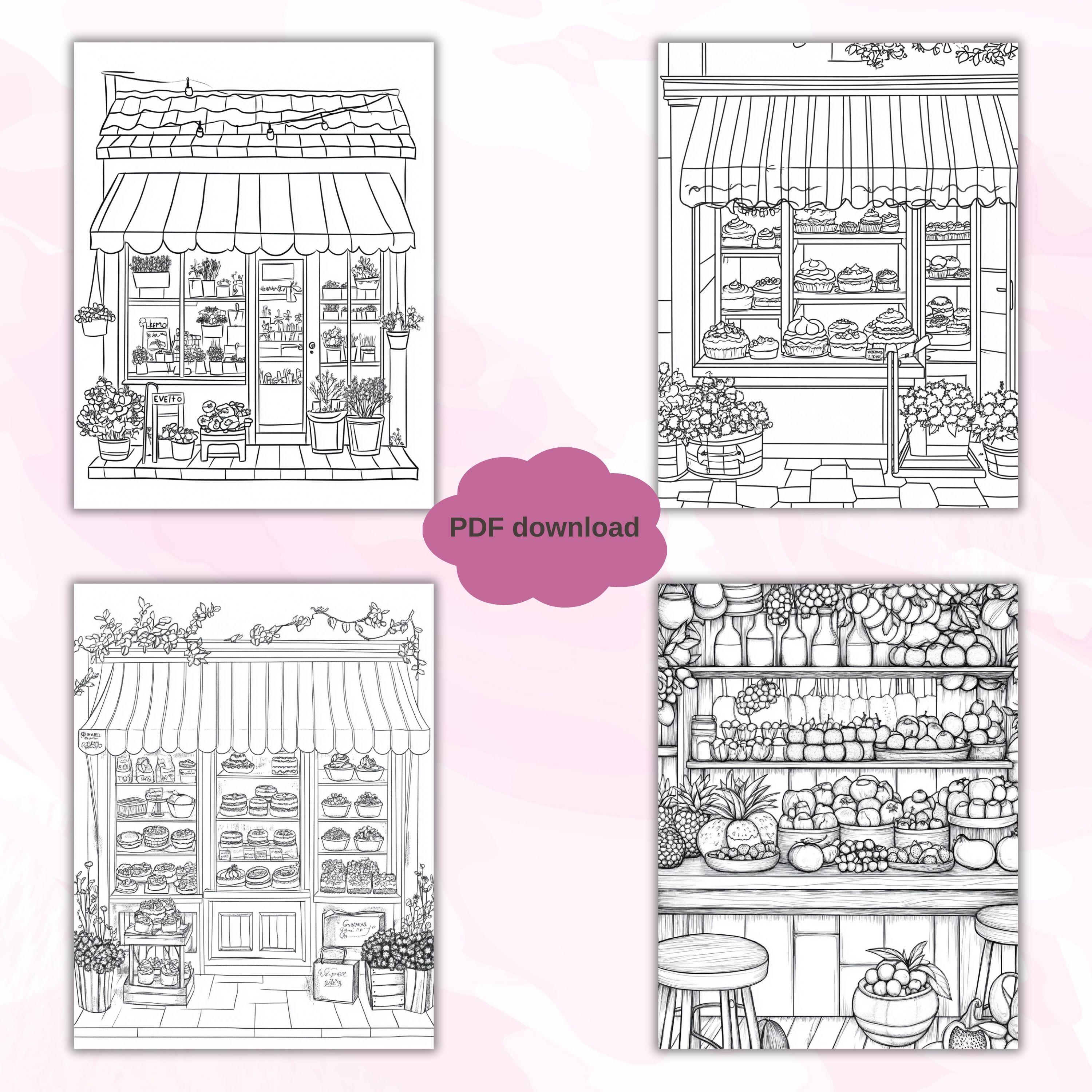 25 Kawaii Town Storefronts Coloring Pages for Adults, Printable ...