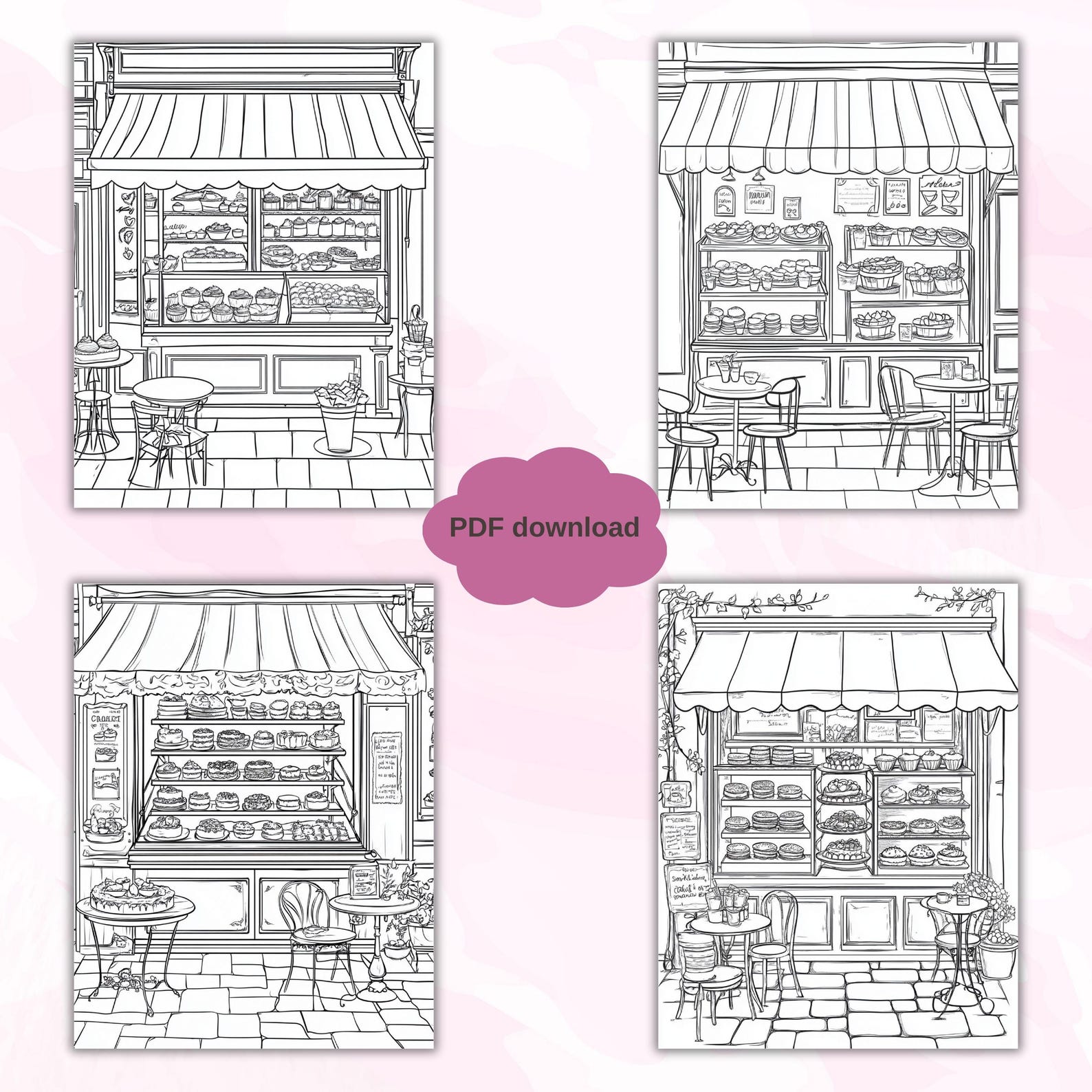 25 Kawaii Town Storefronts Coloring Pages for Adults, Printable ...