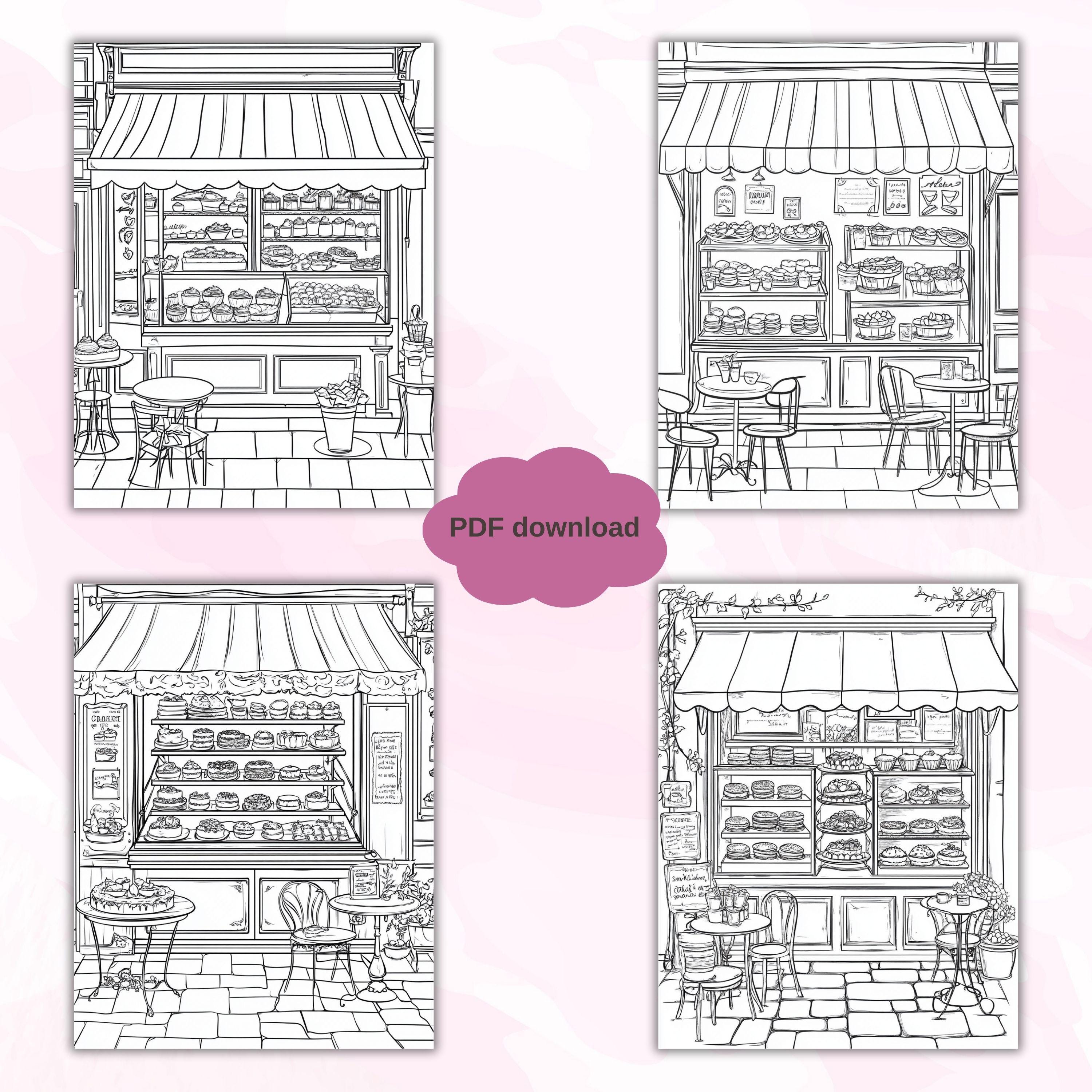 25 Kawaii Town Storefronts Coloring Pages for Adults, Printable ...