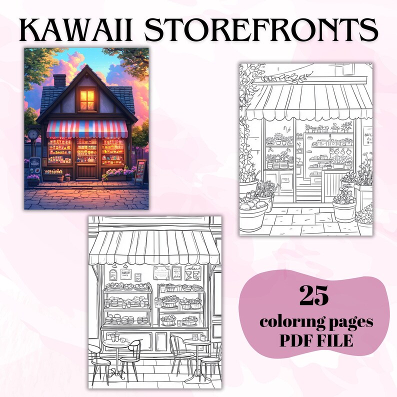 25 Kawaii Town Storefronts Coloring Pages for Adults, Printable ...