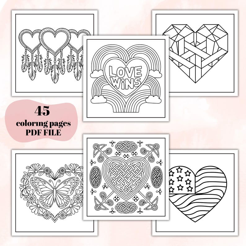 45 Valentine's Day Heart Coloring Pages Bundle, Printable Designs for ...