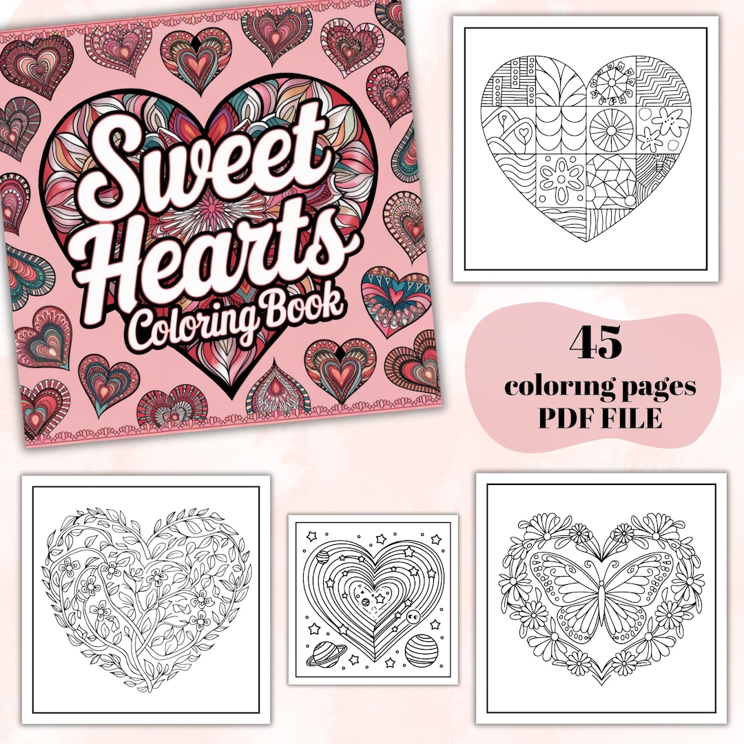45 Valentine's Day Heart Coloring Pages Bundle, Printable Designs for ...