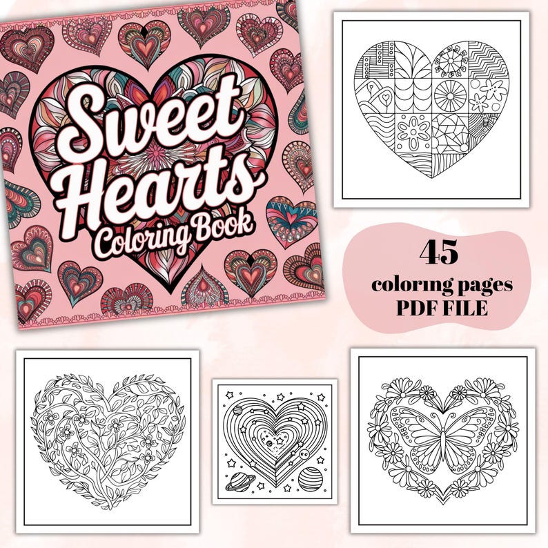 45 Valentine's Day Heart Coloring Pages Bundle, Printable Designs for ...