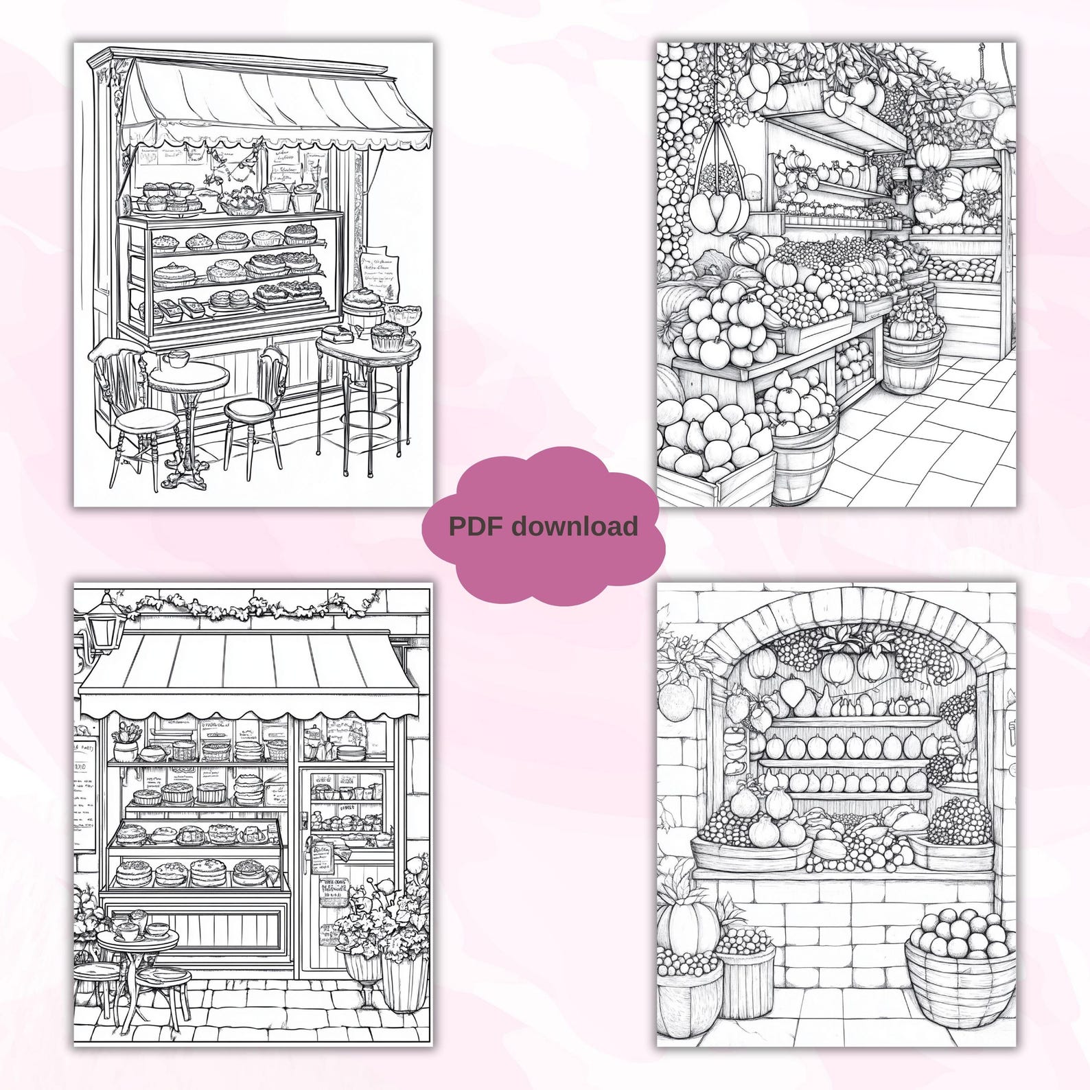 25 Kawaii Town Storefronts Coloring Pages for Adults, Printable ...