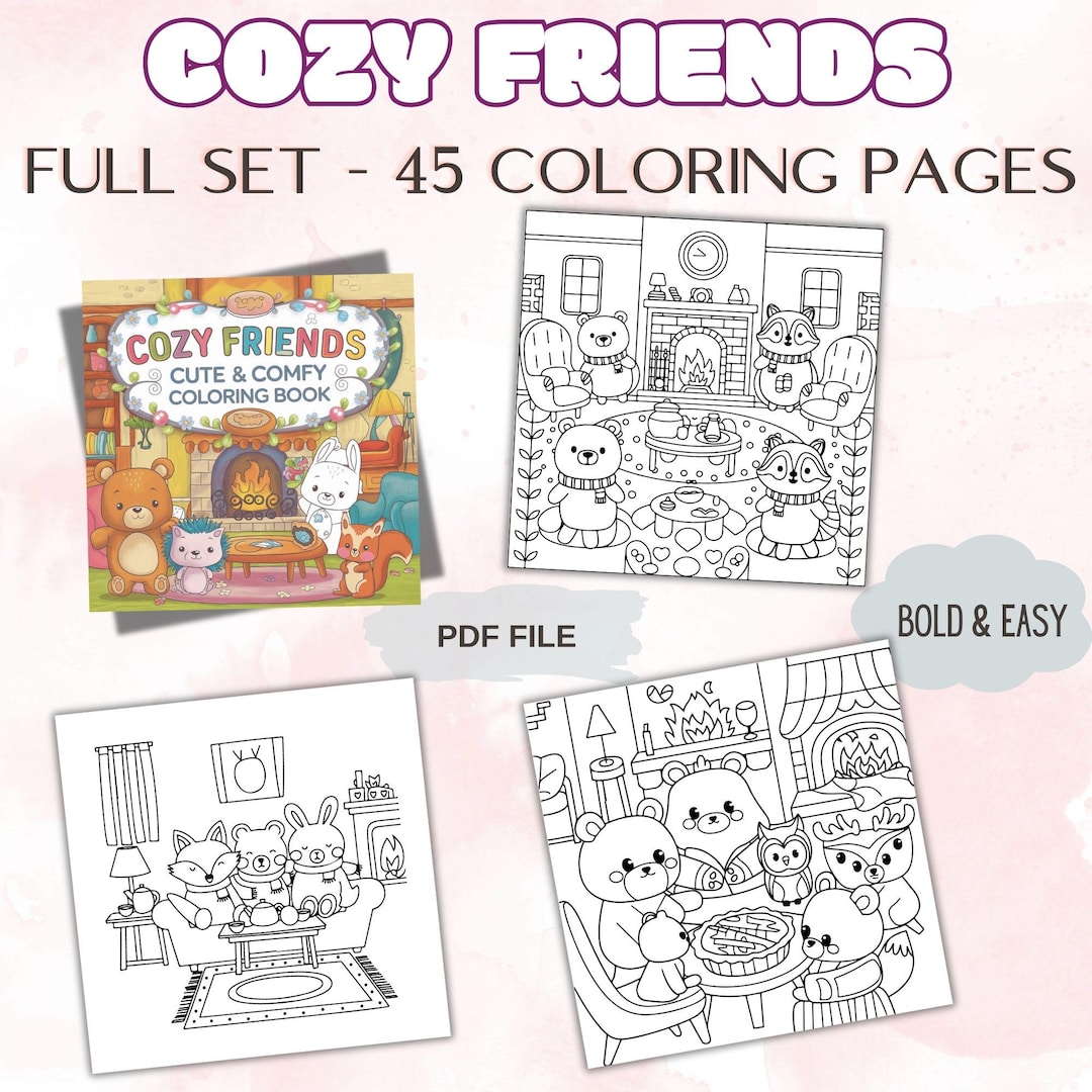 Cozy Friends Coloring Book, Adorable Animals Coloring 45 Pages, Comfy ...