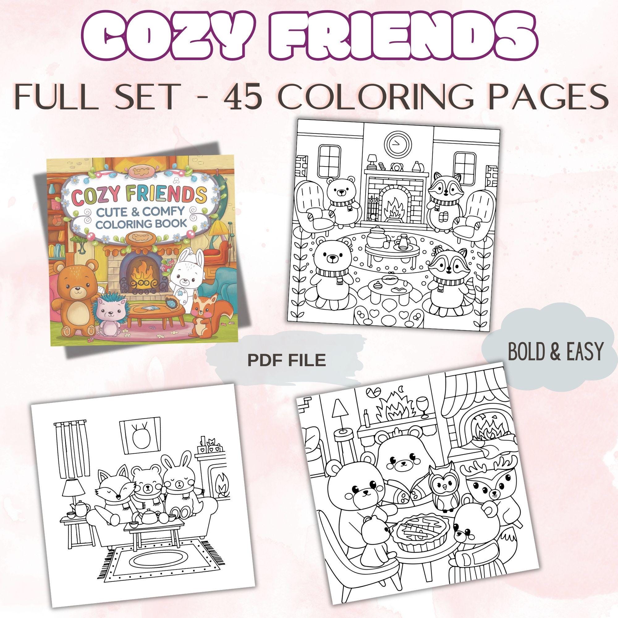 Cozy Friends Coloring Book, Adorable Animals Coloring 45 Pages, Comfy ...