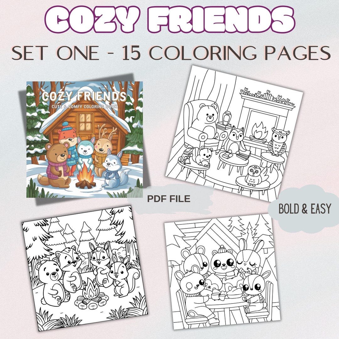 Cozy Friends Coloring Book, Adorable Animals Coloring Pages, Comfy ...