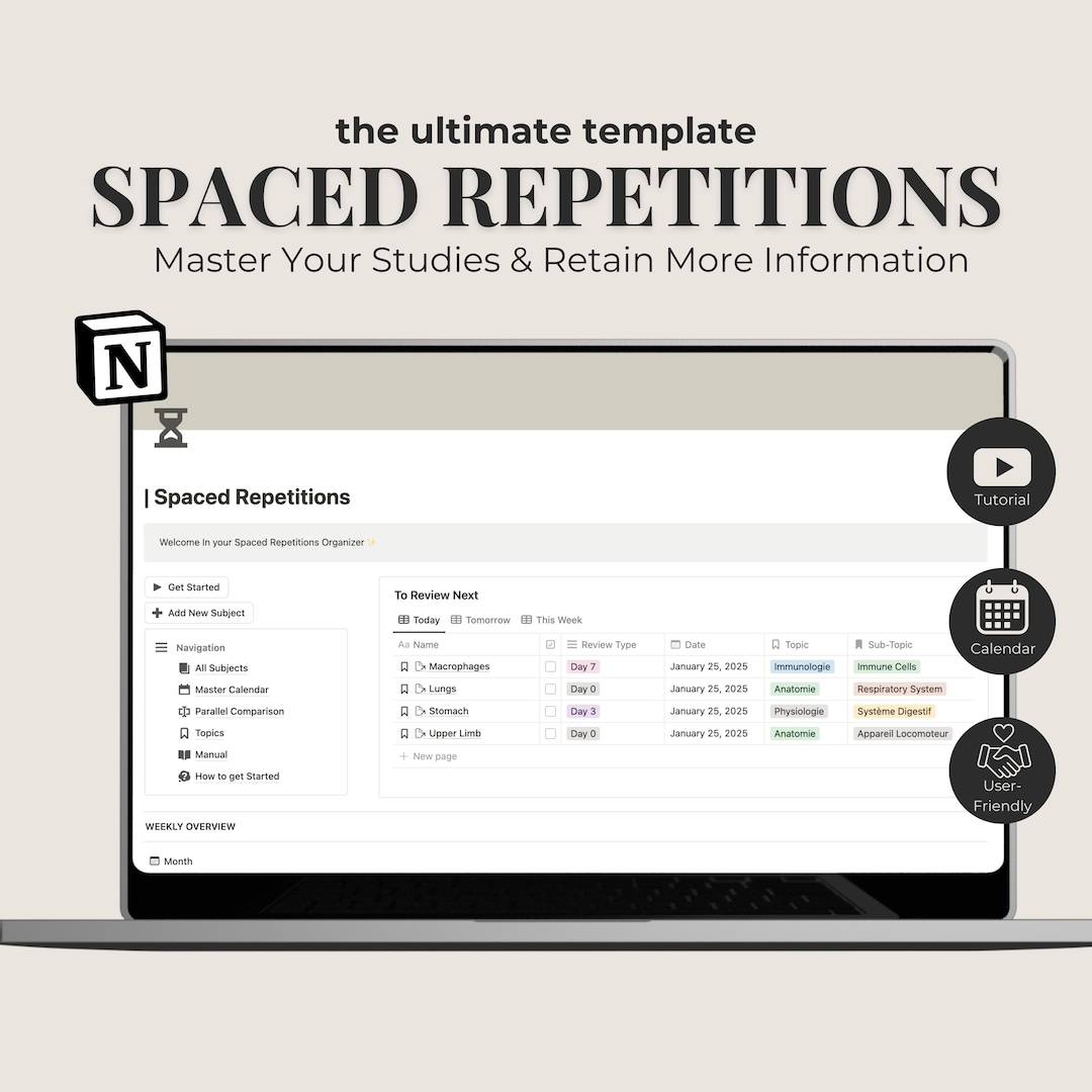 Spaced Repetition Notion Template | Study Planner for Exams | Digital Learning Tracker for ...