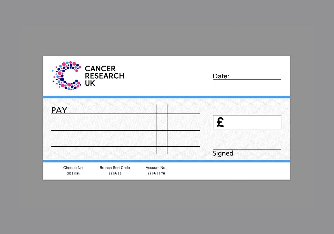 Ex Large or Smaller Blank Personalised Cheque With Charity Logo Cancer ...