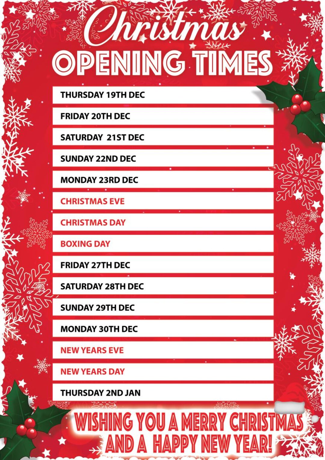 Christmas Shop Retail Business Opening and Closing Times Large A0 Plus ...
