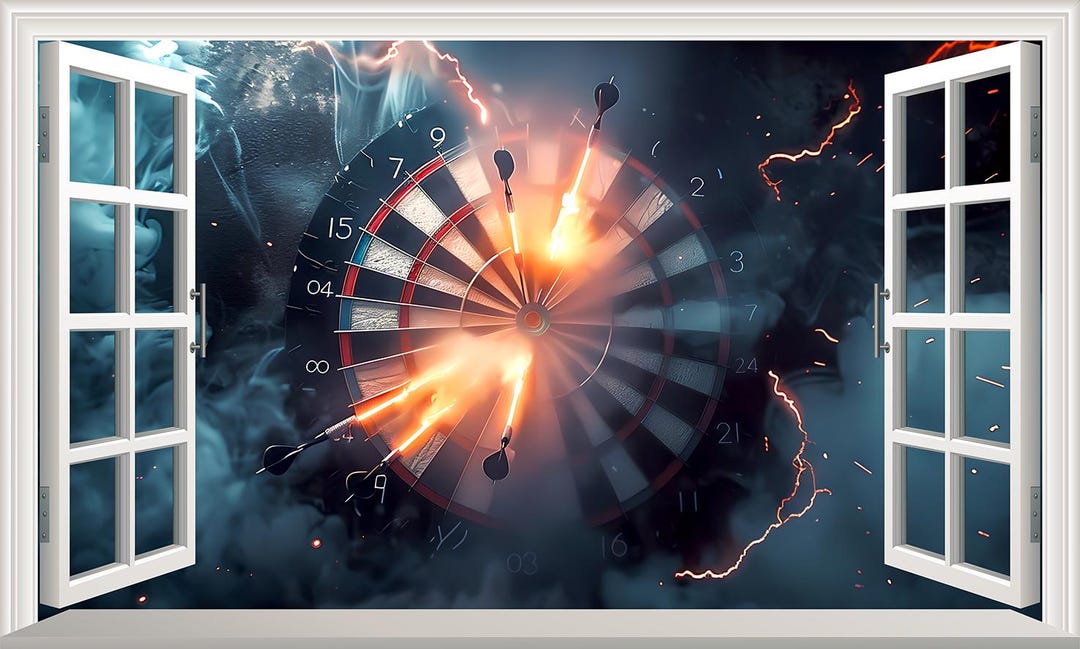 Darts Modern Fire Dart Board Scene Setter Magic Window Wall Graphic ...