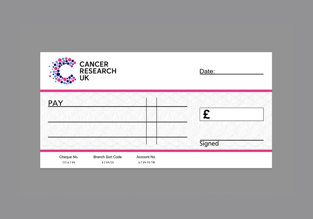 Ex Large or Smaller Blank Personalised Cheque With Charity Logo Cancer ...