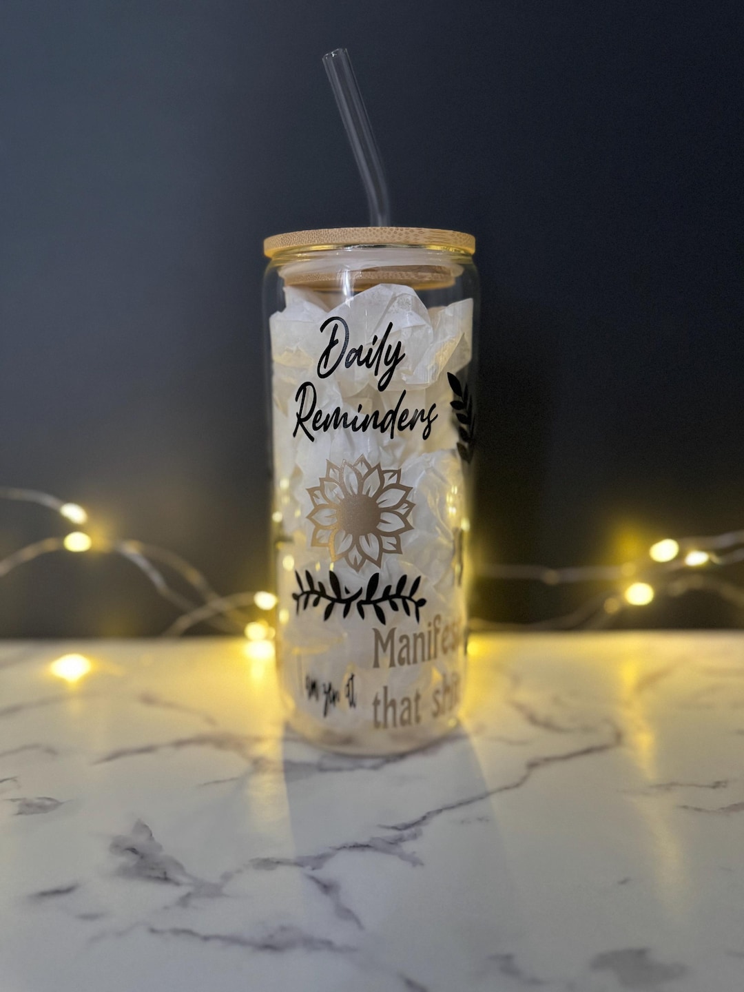 20 Oz Daily Reminders Glass Cup With Bamboo Lid and Glass Straw, Glass ...