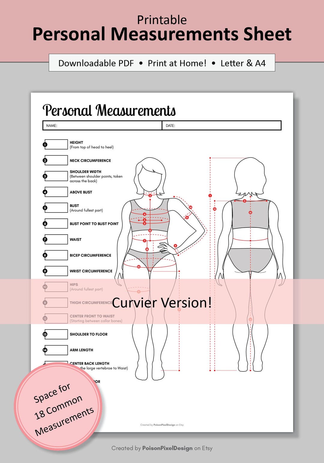Printable Sewing Sheet: Curvy Women's Measurement Chart (digital PDF ...