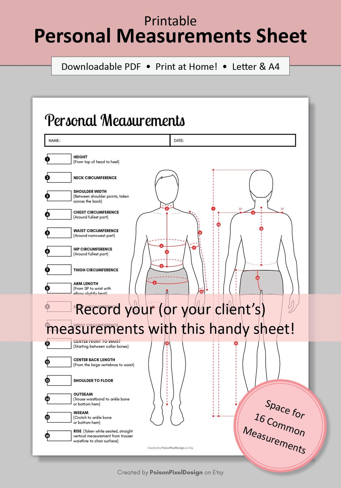 Printable Sewing Personal Measurements Sheet for Men | Body Measurement ...