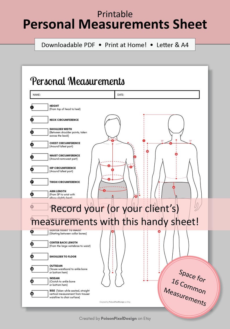 Printable Sewing Sheet: Men's Measurement Sheet (digital PDF Download ...