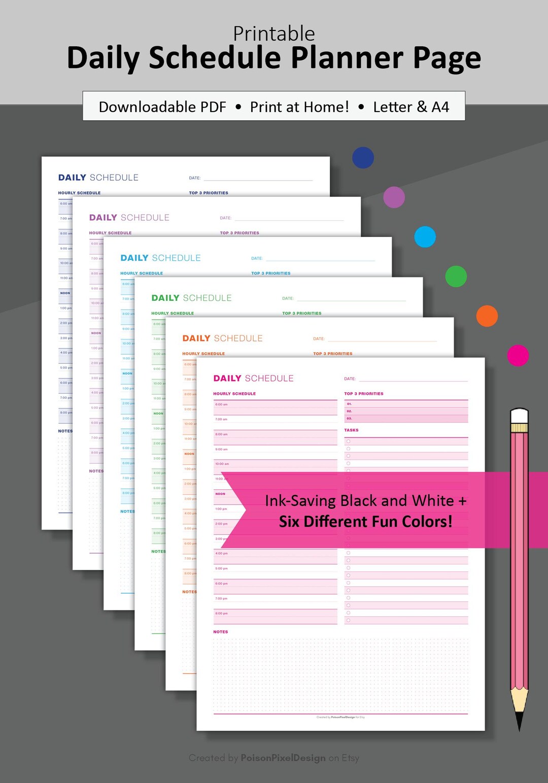 Printable Colorful Daily Schedule Planner Page, 6 Colors + BW | Hourly ...