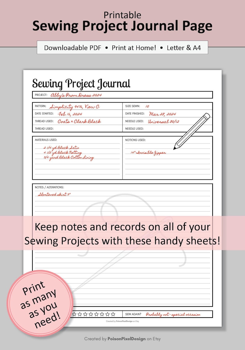 Printable Sewing Project Journal Page | Sewing Record Sheet, Sewing ...