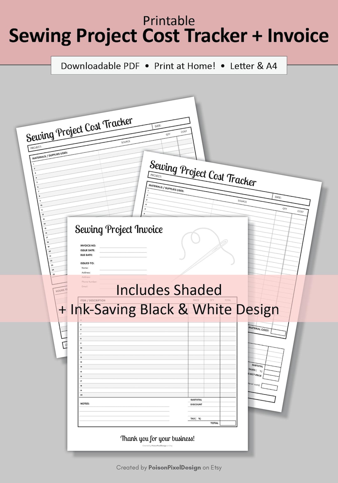 Printable Sewing Project Cost Tracker + Sewing Invoice Sheet | Track ...