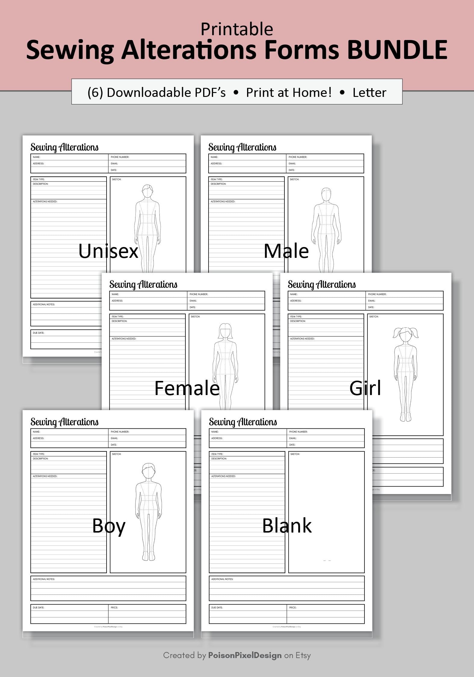 Printable Sewing Alterations Forms BUNDLE, Six Versions Included ...