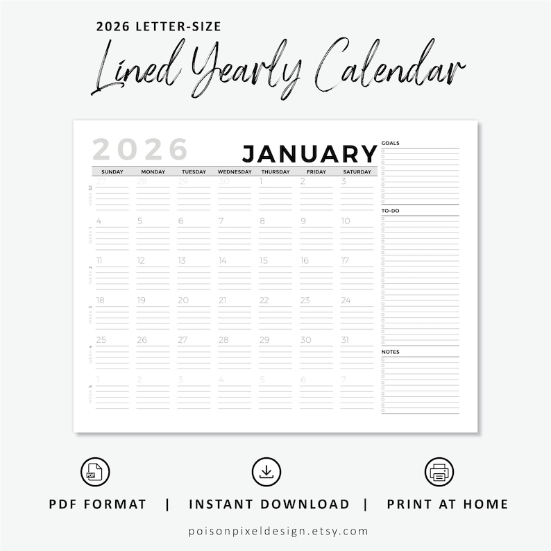 2026 Printable Letter-sized Lined Calendar With Numbered Weeks ...