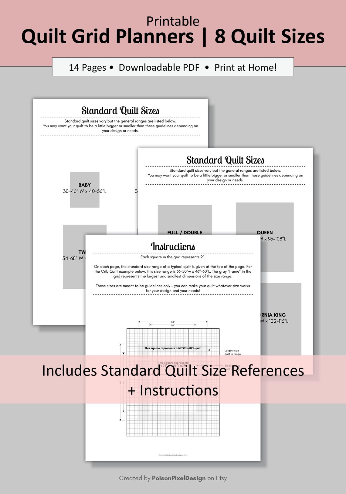 Printable Quilt Grid Planner for 8 Quilt Sizes | Quilt Graph Paper ...